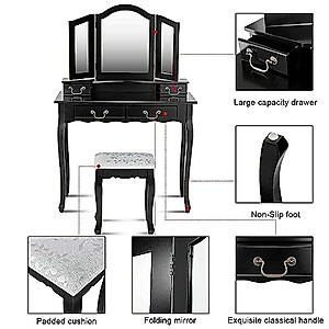 KJNS Vanity Set Makeup Dressing Table Tri Folding Mirror Stool 4 Drawers Black Vanity Desk Makeup Vanity Side Tables Bedroom Vanity Table Portable Desk Vanity Set