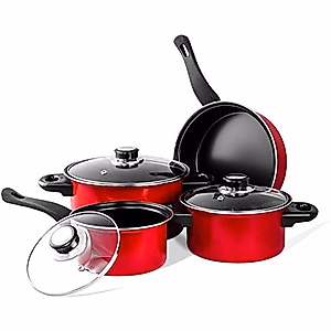 Imperial Home 7 Pc Carbon Steel Nonstick Cookware Set, Pots & Pans Set, Dishwasher Safe Cookware Set, Cooking Set, Kitchen Essentials (Red)