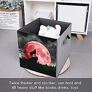 Blood Red Moon Wolf Canvas Collapsible Storage Bins Cube Organizer Baskets with Handles for Home Office Car