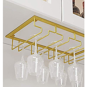 Wine Glass Rack under Cabinet Stemware Rack, Wine Glass Holder Organizer for Cabinet Kitchen Bar Glasses Storage Hanger(Gold)
