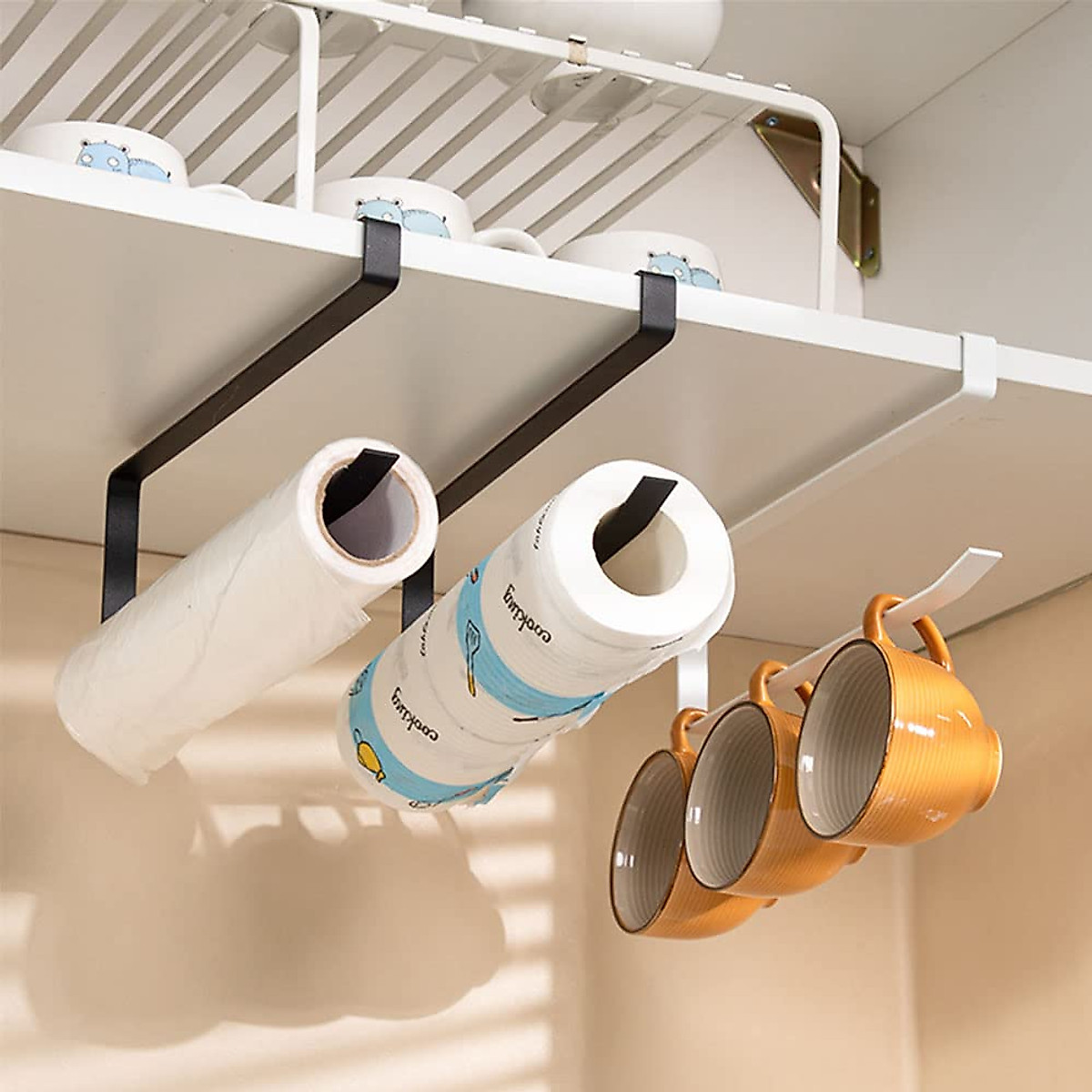 LINFIDITE 2 Pack Paper Towel Holder Hanger Kitchen Paper Towel Racks Under Cabinet Sliding Wall Mount Paper Rolls Rack No Drilling Durable Paper Holder for Kitchen Pantry Bathroom Toilet, Black