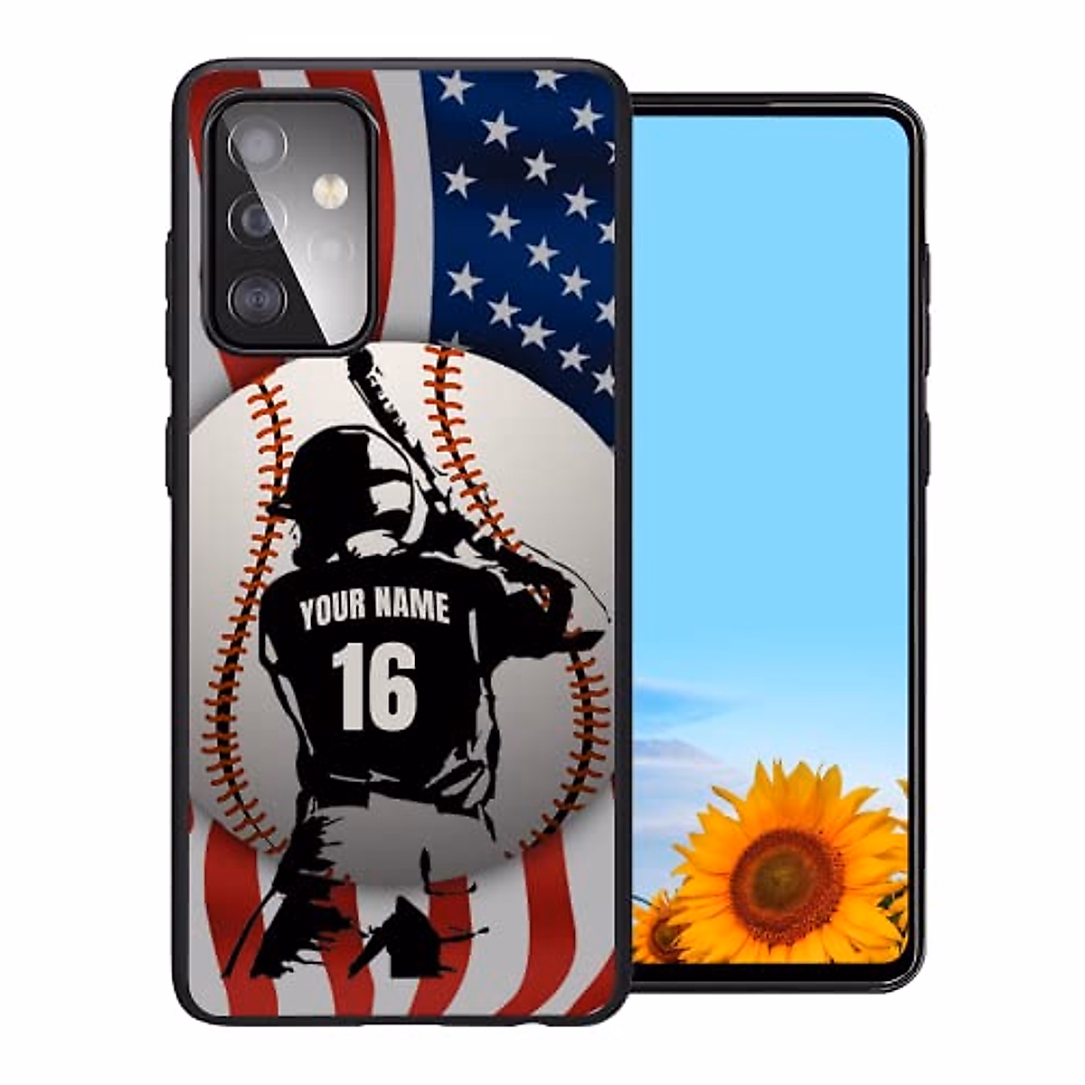 Personalized Baseball Player Name Number America Flag Design Rubber Cover Phone Case for Samsung Galaxy A53 5G/A03S/A02S/A10E/A12/A13/A32/A33/A42/A51/A52/A71 Custom Baseball Phone case