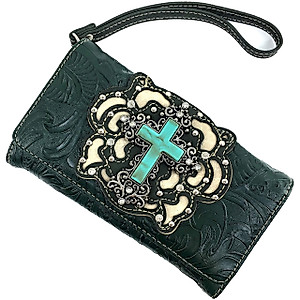 Zelris Western Turquoise Stone Cross Women Crossbody Wrist Handle Trifold Wallet (Olive)