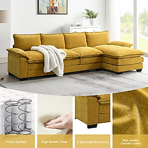 Oversized Chenille Sectional Sofa,118.5'' Extra Large L-Shaped Couch with Two Pillows, 5-Seater Comfy Cloud Couches with Chaise Lounge, Comfy Deep Seat Sofa for Living Room, Yellow