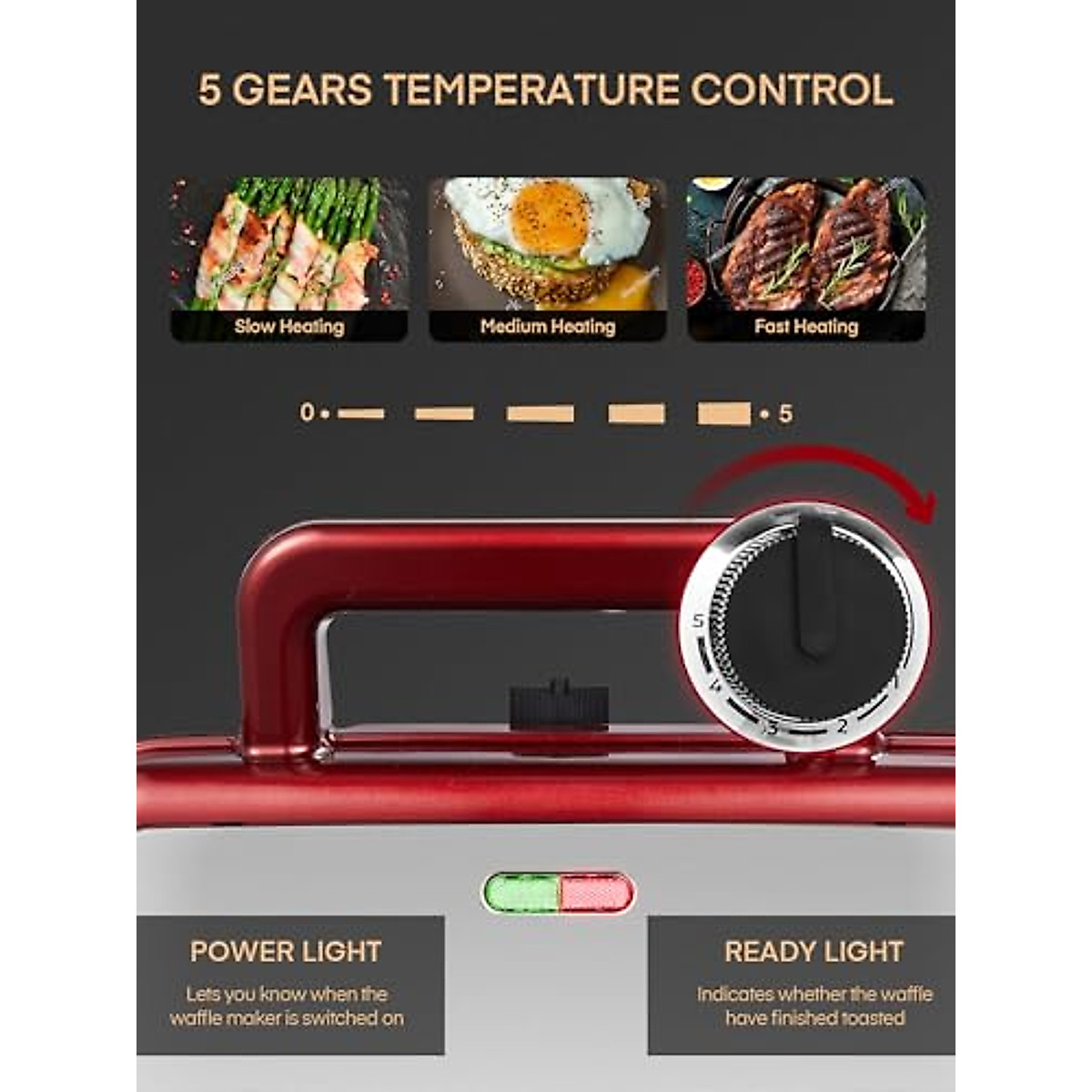 3-in-1 Sandwich Maker, 1200W Grill, Waffle and Sandwich Maker, 5 Speed Temperature Control, 3 Non-Stick and Removable Plates, Cold Touch Handle, LED Light Indicators, BPA Free, Red