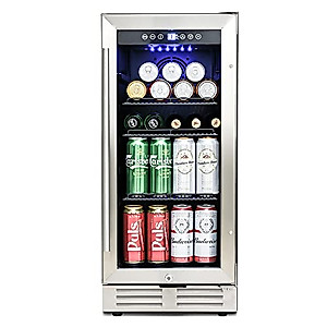 IOCCIOBB Mini Fridge 15" Mini Beverage Refrigerator/Wine Cabinet, 120 Cans, 34-65°F, Quiet, Adjustable Shelves, LED Lighting, ETL, Touch Controls, Defrost, Double Glass Door, Kitchen/Bar/office