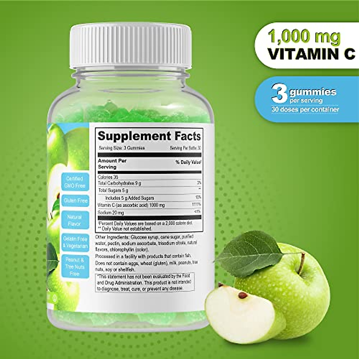 DOCTORS FINEST Vitamin C 1000mg Gummies, Maximum Strength, Vegan, GMO-Free Gluten Free, Great Taste Natural Sour Apple Flavor Gummy Vitamins, Immune Support Dietary Supplement, for Adults, 90 Gummies