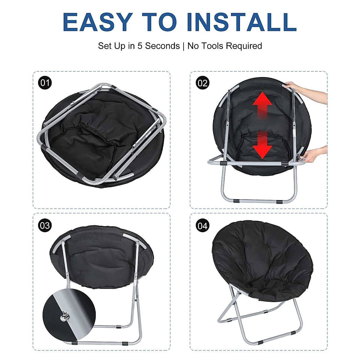 YSSOA, Black Oversized Moon Metal Frame, Comfy Outdoor, Saucer Courtyard, Cozy Faux Fur Lounge Chair, 1-Pack