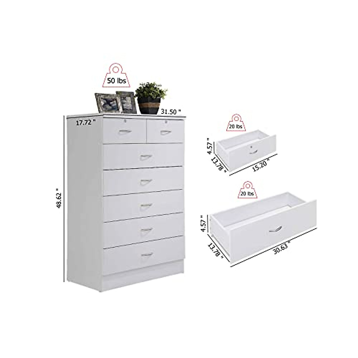 HODEDAH 7 Drawer Wood Dresser for Bedroom, 31.5 inch Wide Chest of Drawers, with 2 Locks on the Top Drawers, Storage Organization Unit for Clothing, White