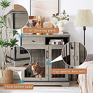 OGAOL Dog Crate Furniture, Wood Furniture Style Dog Crate End Table with Drawer, Medium Dog Kennel with Removable Tray, Rustic Deco Dog House Cage for Dogs up to 60 lb, Chew-Proof (Grey-with Tray)