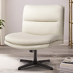PUKAMI Armless Desk Chair No Wheels,PU Leather Criss Cross Legged for Home Office,Modern Swivel Vanity,Mid-Back Computer Chair,Height Adjustable Wide Seat Task Chair (Beige)