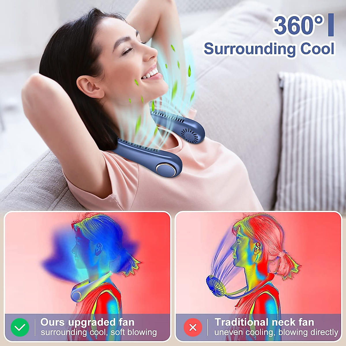 Portable Neck Fan, Bladeless Wearable Personal Fan, Max 16H Use, Rechargeable USB Fan 3 Speed, Quiet 360° Cooling Hanging Neck Fan, NO Hair Caught, Mini Hand Free Neck fan for Sport Travel Jog Camping