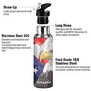 Bald Eagle American Flag Water Bottle with Straw Lid Leakproof Kids Insulated Stainless Steel Water Flask Thermos Bottle for Sport Gym Outdoor 20 oz