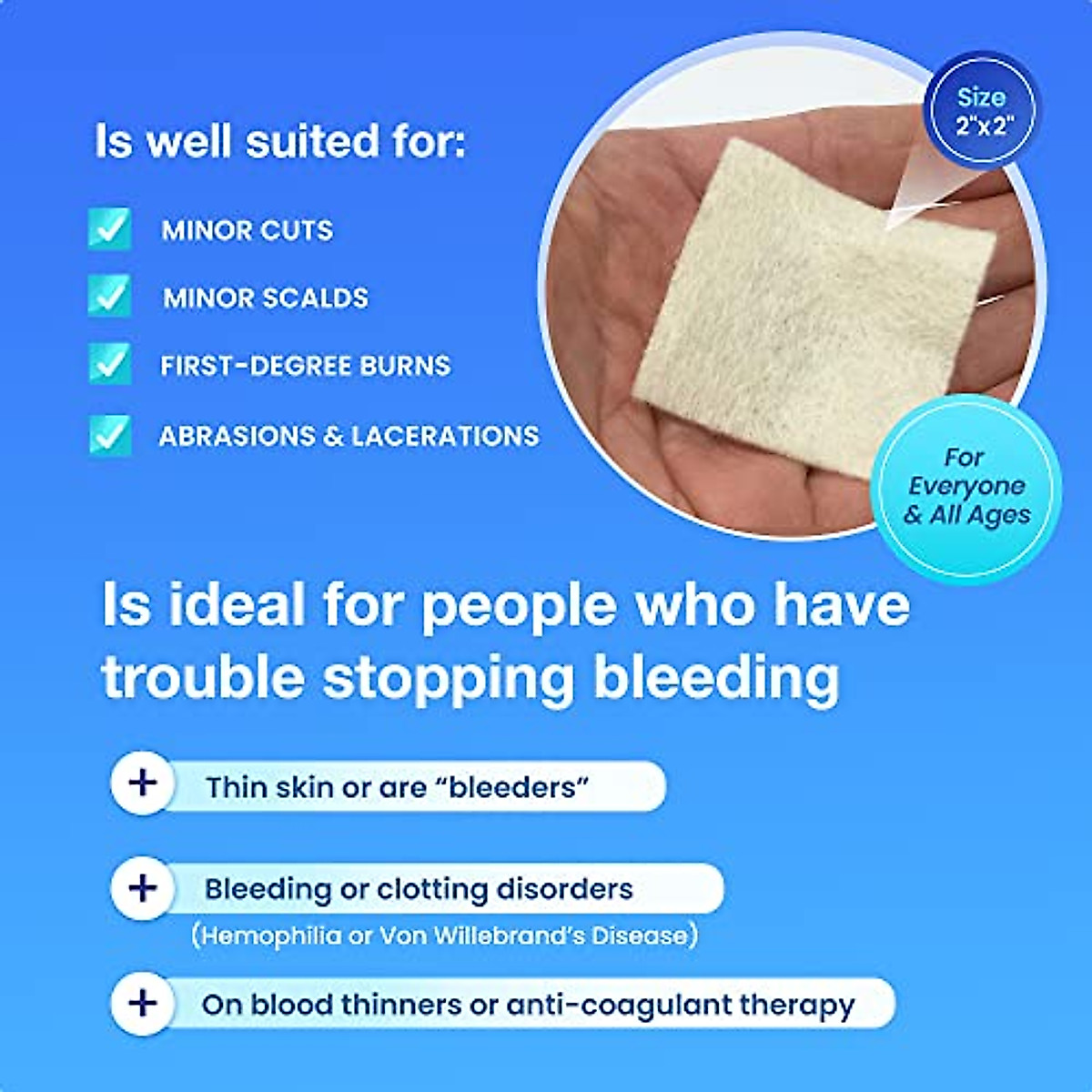 AllaQuix High Performance Stop Bleeding Gauze - Large (2"x2"Square) - (10-Pack) Professional-Grade First-Aid Hemostatic Gauze (Blood Clotting Bandage)
