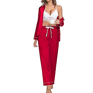 SWOMOG Couple Silk Satin Pajamas Set 2Pcs Matching Famliy Sleepwear Button Down Loungewear Men & Women Pjs with Pants Red