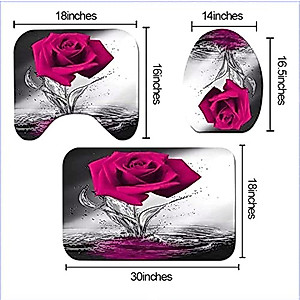 4PCS Fushia Rose Shower Curtains with Rugs Bath Mat Toilet Lid Cover and 12 Hooks Waterproof Rose Flower Bathroom Shower Curtain Set
