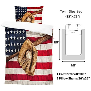 SHINICHISTAR American Flag Baseball Comforter Set Twin Size for Teen Boys Gift Sport Bedding