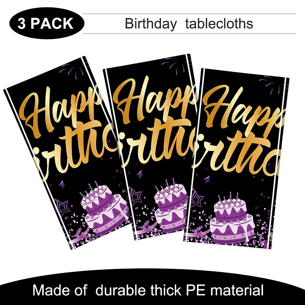 Breling 3 Pack Birthday Party Supplies Confetti Sprinkles Happy Birthday Tablecloths Starry Table Covers for Kids Adults Party Decorations, 54 x 108 Inches (Purple and Black)