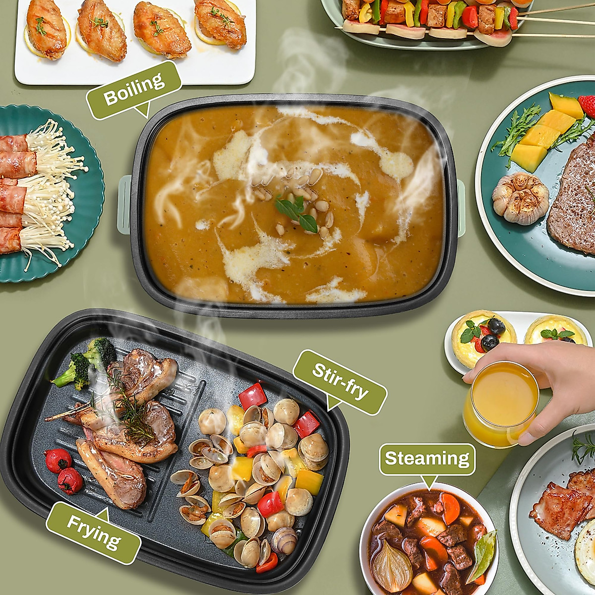 SUSTEAS 2 in 1 Electric HotPot with Removable Grill Pan, Non-Stick Skillet & 4L Shabu Shabu Pot,1200W with Slide Power Control for Frying,Grilling,Outdoor Camping BBQ, Family & Friend Gathering Party