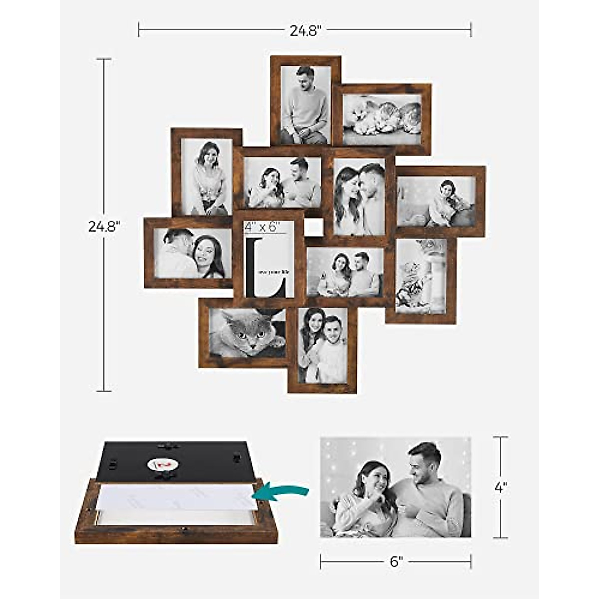 SONGMICS 4x6 Collage Picture Frames, Multi Picture Rustic Photo Frame Set with Glass Front for Wall Décor, Assembly Required (12-Pack)