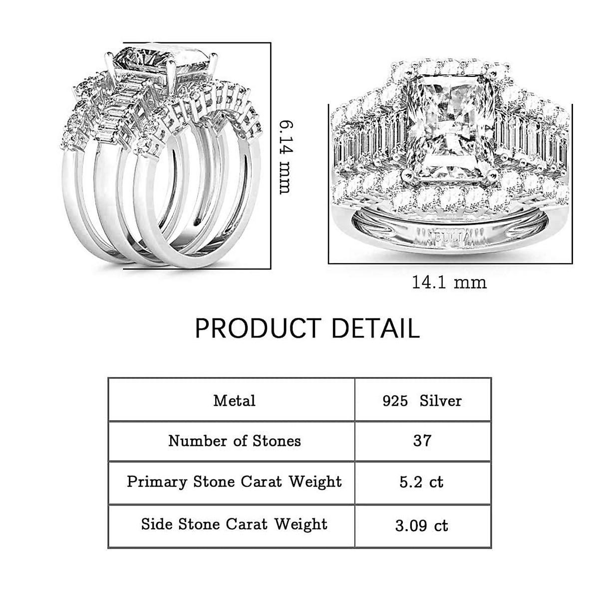 Jeulia 3 PC Wedding Ring Set 5.2ct Radiant Cut Moissanite Engagement Ring for Women 925 Sterling Silver Ring Cubic Zirconia Diamond Eternity Bands Anniversary Promise Ring Bridal Set (6)