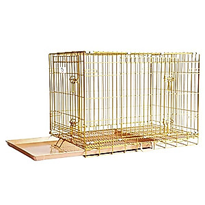 HOMEY PET Gold Dog Crate 36 Inch, Portable Folding Metal Wire Dog Kennel Pet Dog Cage with Removable Floor Grid, Pull Out Leak-Proof Pan, Double Doors, Handle for Medium Dogs, Indoor Outdoor Travel