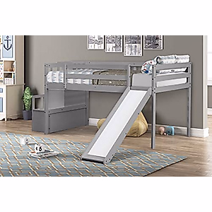 HomSof Twin Loft Bed with Slide Staircase Storage,Full-Length Safety Guardrails for Junior Boys Girls,No Box Spring Needed,Grey