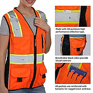 Dib Safety Vest for Women with Pockets, Mesh Reflective Vest High Visibility, ANSI Class 2 Made with 3M Reflective Tape, Orange and Black S