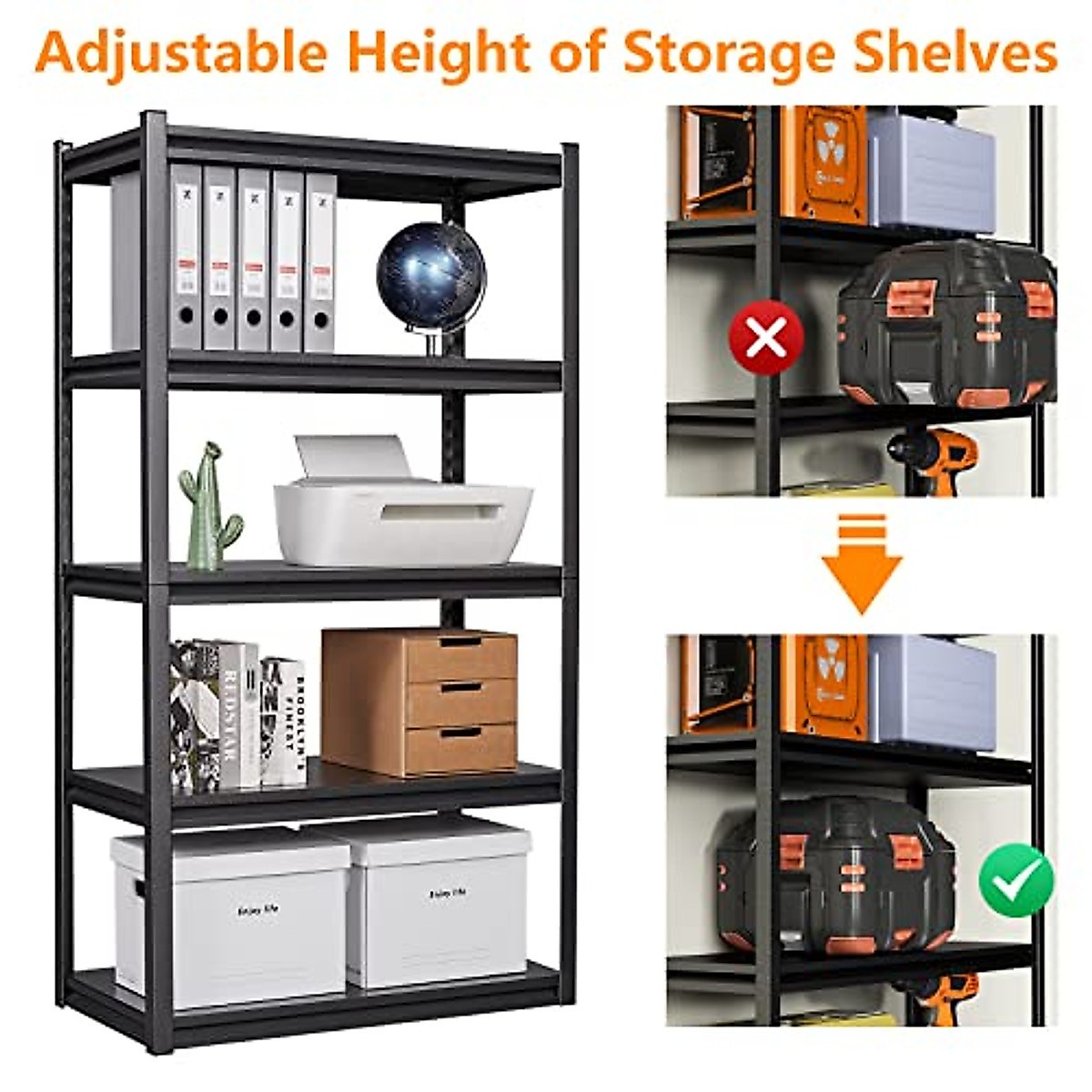 LISSIMO 5-Tier Heavy Duty Shelf, 63" H Metal Shelving Unit Load 2000LBS, Adjustable Storage Shelves for Garage，Bedroom,Office 18" D x 34" W x 63" H