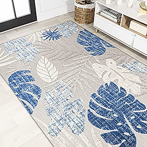 JONATHAN Y AMC113A-3 Monstera Tropical Leaf High-Low Indoor Outdoor Area-Rug, Coastal Floral Transitional Easy-Cleaning,Bedroom,Kitchen,Backyard,Patio,Non Shedding, 3 X 5, Light Gray/Navy