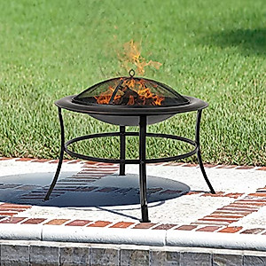 Fire Sense 62237 Fire Pit Tokia Steel Wood Burning Lightweight Portable Outdoor Firepit Rounded Lip & Curved Legs Included Wood Grate & Screen Lift Tool - 30" Round - Black