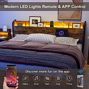 IKIFLY King Size Storage Headboard with Charging Station & LED Lights, Headboard for King Size Bed Frame, Industrial King Headboard Only with Storage for Bedroom, Attach Frame, Rustic Brown