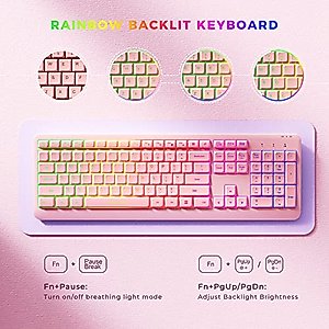 Wireless Keyboard and Mouse Combo Backlit, seenda Rechargeable Full-Size Illuminated 2.4Ghz Silent Keyboard and Mouse for Computer/Laptops/Windows/Gaming, Ice Pink