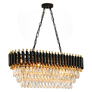 AKDXIRUN Modern Crystal Chandeliers for Dining Room 8-Light Black and Gold Chandelier Living Room Oval Contemporary Ceiling Hanging Light Pendant Light Fixture for Kitchen Island Bar L32 inch