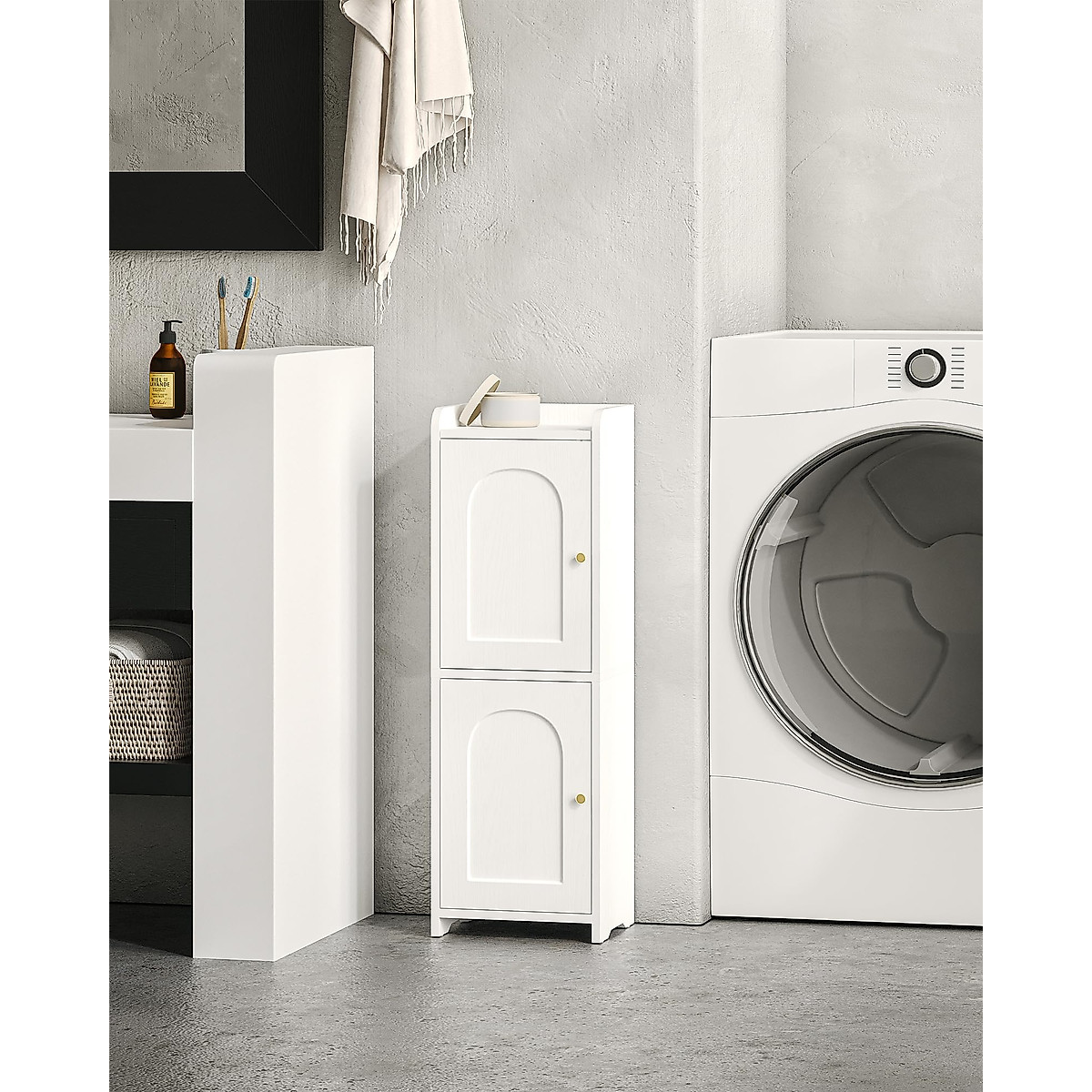 Hzuaneri Bathroom Storage Cabinet, Corner Floor Cabinet with 2 Doors and Adjustable Shelf, Narrow Toilet Paper Cabinet, Bathroom Organizer for Small Spaces, White BC19913X