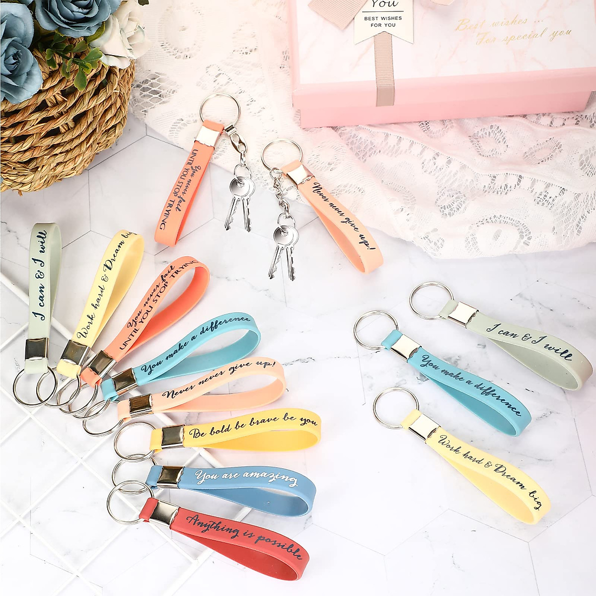 Fumete 24 Pcs Inspirational Keychains Gift for Women Motivational Quote Key Chains Rings Thank You Teacher Gifts (Bright Color)