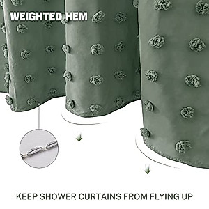 Siiluminisoy Green Boho Shower Curtain Woven Fabric Cute Shower Curtain, 72 x 72 Tufted Pleat Floral Textured Modern Farmhouse Minimalist Shower Curtain Set with Hooks for Bathroom