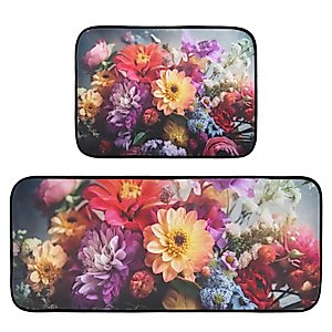 ZENWAWA Kitchen Mats 2 Pieces Set for Floor Bunch Vivid Flower Print, Non Skid Anti Fatigue Kitchen Rugs Cushioned Absorbent Comfort Floor Mats for Kitchen Sink