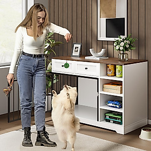 GAOMON Dog Crate Furniture 47”, Large Dog Crate with 2 Drawers and 4 Shelves, Wooden Heavy Duty Dog Crate, Decorative Dog Indoor Kennel Furniture Indoor with Storage, White