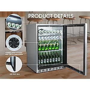 HCK 24 inch Freestanding/Built-in Beverage Cooler Refrigerator with 5.12 cu. ft. 161 cans Capacity, Undercounter refrigerators Reversible Glass Door and Stainless Steel Body for Soda Beer and Wine