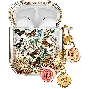 Kokaaee for Airpod Case 2nd & 1st Generation Cover Kawaii Funda Cute Aesthetic Girls Women Protector Liquid Glitter Bling Sparkly Butterfly Design Estuche Keychain Girly for Apple Air Pod 1/2 Gen