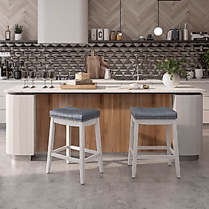 COSTWAY Bar Stools Set of 2, 24-Inch Height Backless Counter Stool with Footrest, Soft Seat Cushion, Wood Legs and Non-Slip Foot Pad, Saddle Stools for Home Kitchen Living Room, Stone Gray+White