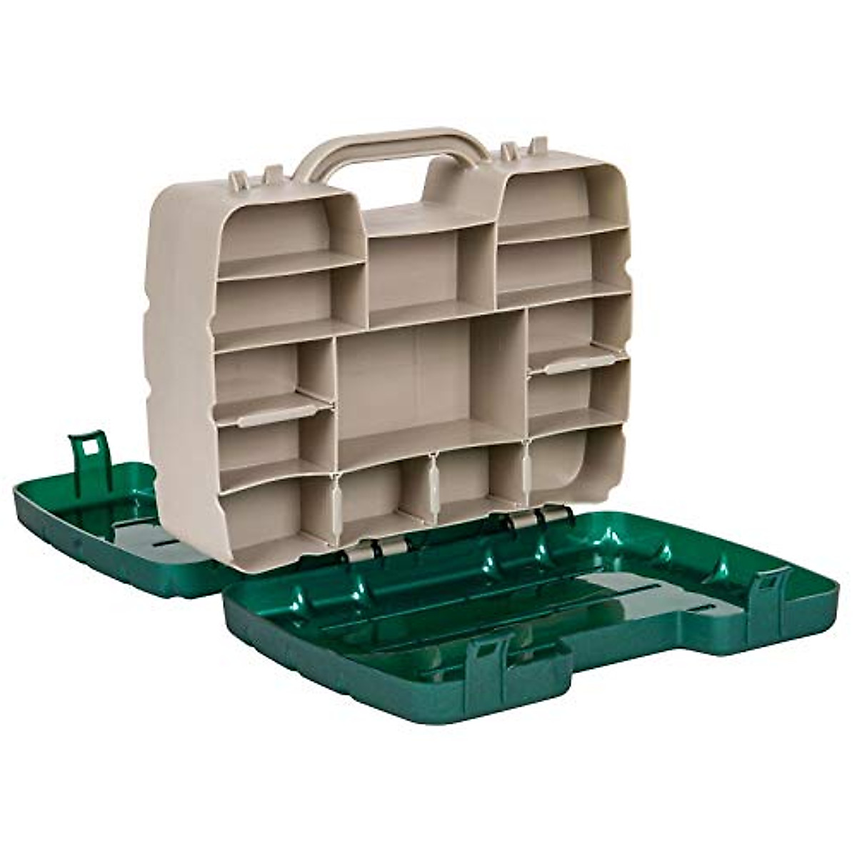 Flambeau Outdoors 7220 Small 11" Double-Sided Satchel, Portable Tackle Storage Box with Removable Dividers and Handle, Tan/Green