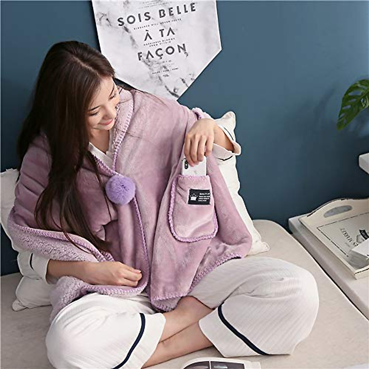 Cozy Fleece Wrap Shawl with Large Front Pockets - Keeps Hands and Shoulders Warm Wearable Blanket Throw Flannel Sherpa Cape for Women