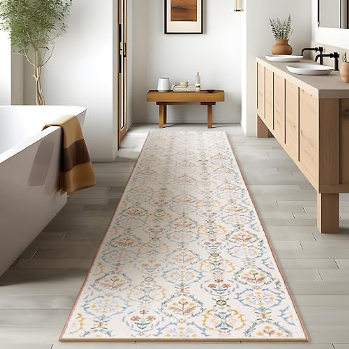 Phantoscope Hallway Runner Rug 2'x10', Washable Non-Slip Boho Rug Runner with Rubber Backing, Ultra-Thin Classic Floral Painting Stair Runner for Kitchen Entryway Bathroom Stairway, Beige Pink/Floral
