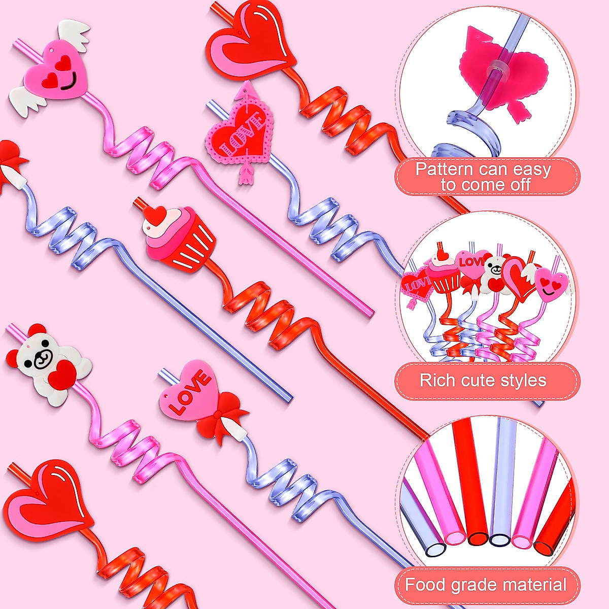24 Pieces Valentine's Day Heart Shaped Straws Reusable Crazy Loop Straws Valentine Theme Party Plastic Drinking Straws for Valentine's Day Birthday Wedding Party Favors Decorations Supplies, 6 Styles