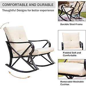 LOKATSE HOME 3 Piece Patio Outdoor Rocking Chairs Set Bistro Furniture and Square Coffee Table Metal Steel Frame with Thick Cushions, Khaki