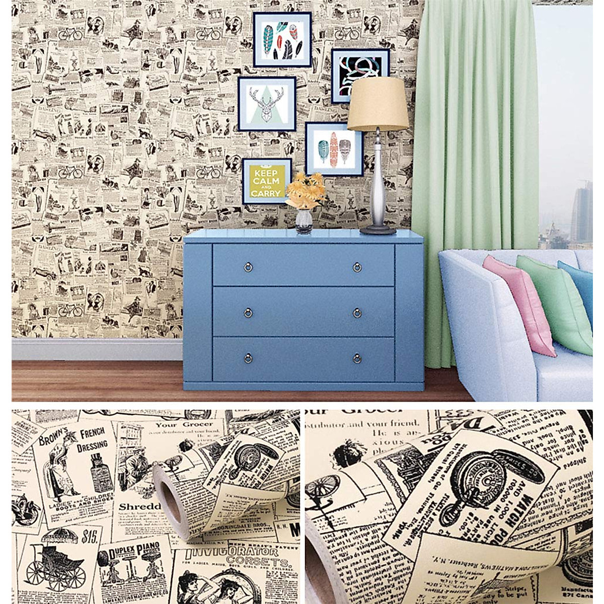 PoetryHome Self-Adhesive Vintage Newspapaer Wall Paper Drawer Shelf Liner for Kitchen Bathroom Cabinets Dresser Wall Crafts 17.7x117 Inches