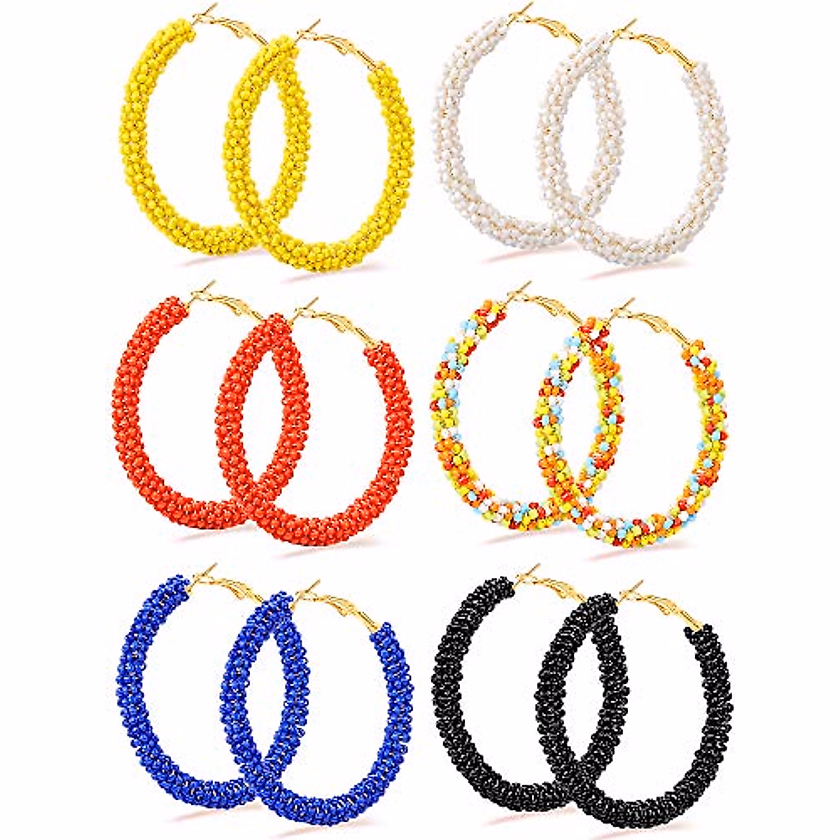 6 Pairs Bohemian Beaded Hoop Earrings Women Colorful Handmade Large Circle Dangle Drop Earrings for Women(Cute Colors)