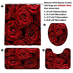 4pcs Red Roses Bathroom Sets with Shower Curtains and Rugs for Women Romantic Red Roses Shower Curtains with Nonslip Rugs and Soft Bath Mat Toilet Seat Cover for Valentines’ Day Gifts